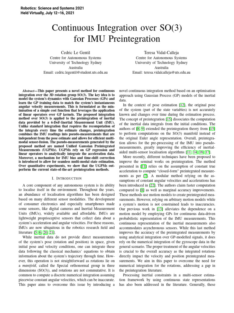 Continuous Integration Over SO (3) For IMU Preintegration: Cedric Le Gentil Teresa Vidal-Calleja ...