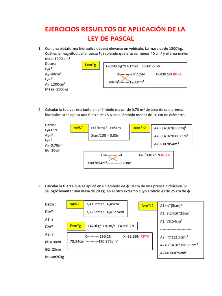 MAU I - CICLO - HIDRAULICA Y NEUMATICA -SOLUCION DE EJERCICIOS DE LEY DE PASCAL | PDF