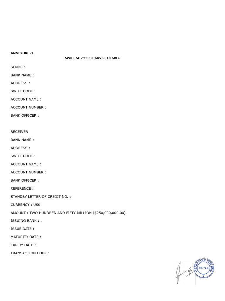 SBLC MT 799, MT 760, Bpu & MT 754 Verbiage 50M. | PDF | Letter Of ...