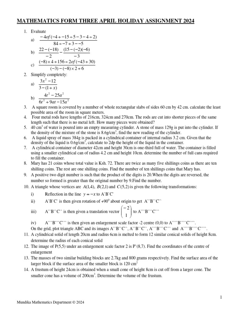 Math Form Three April Holiday Assignment 2024 | PDF | Area | Compound Interest
