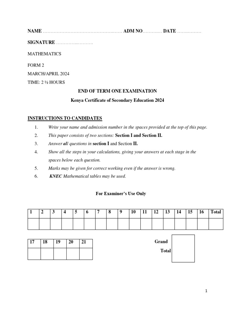 Form 2 Mathematics Exam Paper 2024 | PDF | Area | Volume