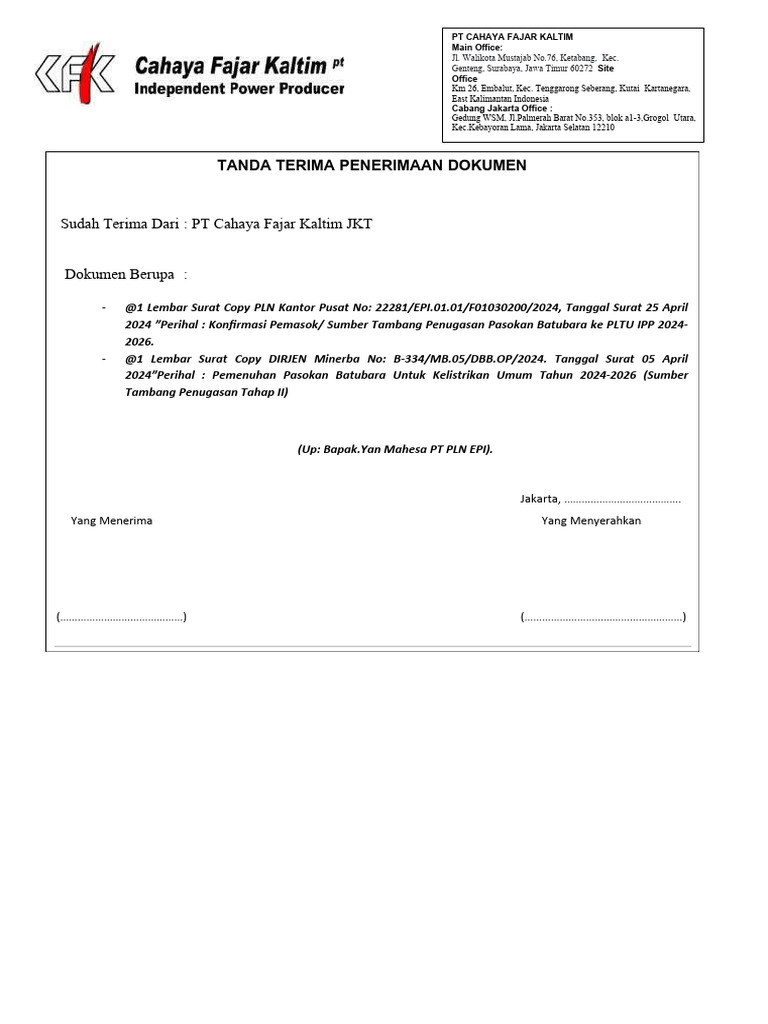 Tanda Terima CFK - SURAT Minerba 2024 | PDF