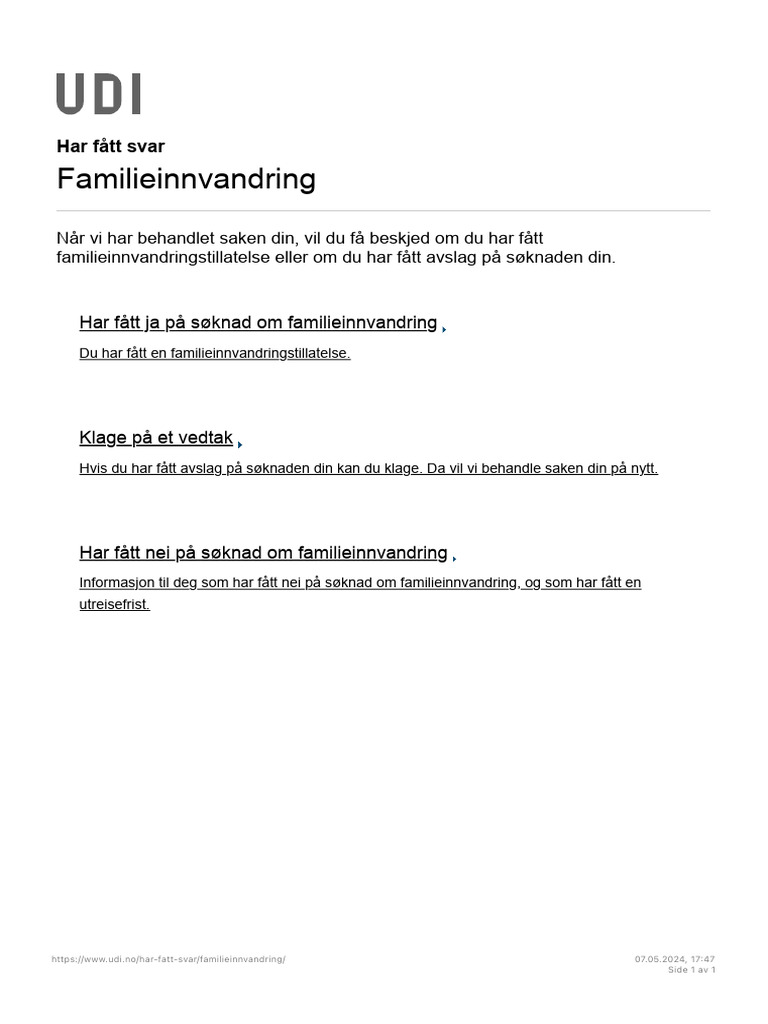 Har fått svar- Familieinnvandring - UDI | PDF