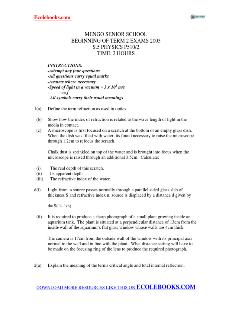 s.5 Physics 2 Bot2.203 Doc (84) Revision Past Papers | PDF | Refraction ...