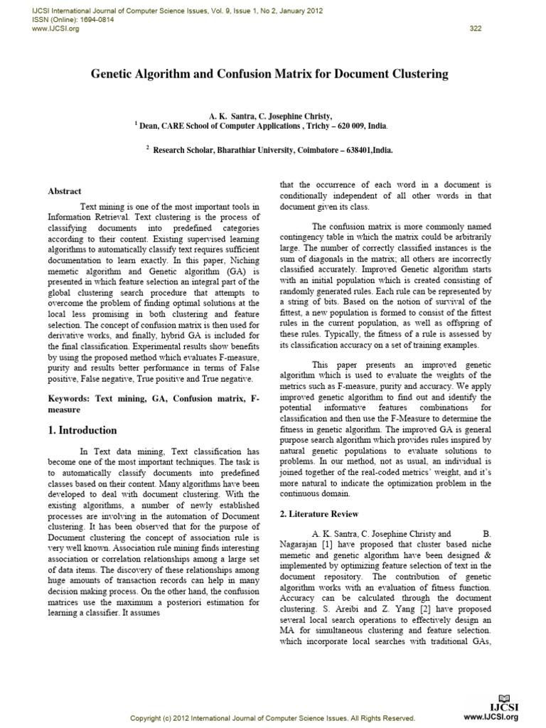 Genetic Algorithm and Confusion Matrix For Document Clustering | Download Free PDF | Cluster ...