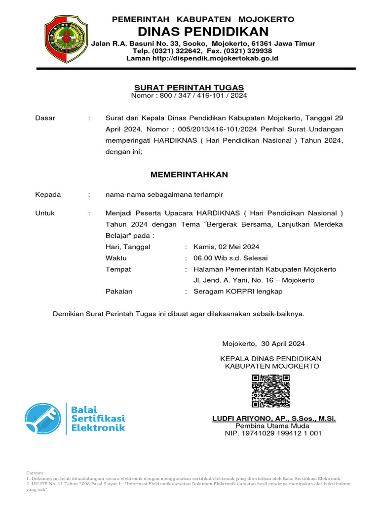 Surat Tugas Peserta Upacara HARDIKNAS 2024 (Guru Penggerak) | PDF Surat Tugas Peserta Upacara HARDIKNAS 2024 (Guru Penggerak) | PDF