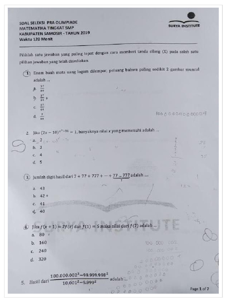 Soal Dan Pembahasan Pra OSK Matematika SMP 2019 (Kab - Samosir Soal Surya Institute) | PDF