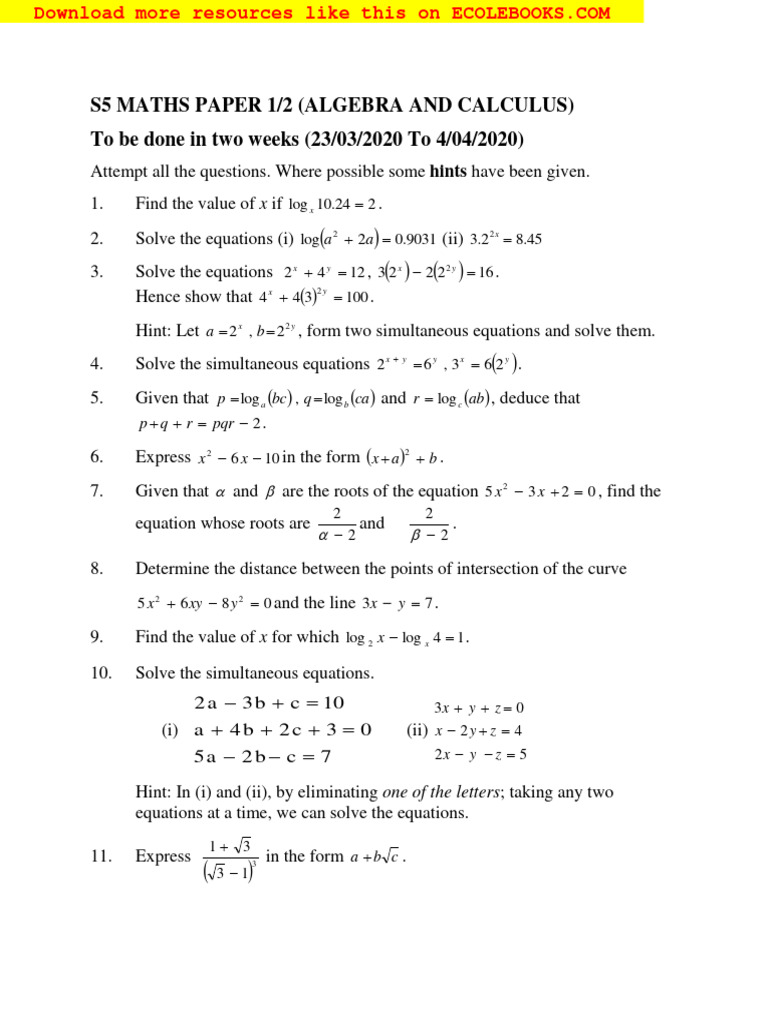 S5 Maths Paper 1 2020 Term 1 Corona Revision Past Papers | PDF ...