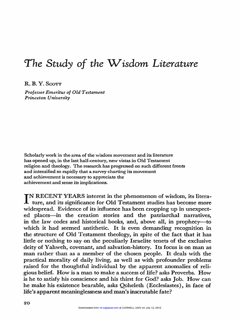The Study of The Wisdom Literature: Professor Emeritus of Old Testament ...