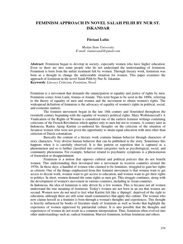 Feminism Approach in Novel Salah Pilih by Nur St. Iskandar: Fitriani Lubis | PDF | Feminism ...