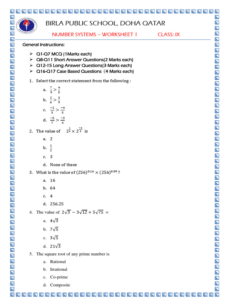 Numbersystem-Worksheet 240428 083452 | PDF | Numbers | Rational Number