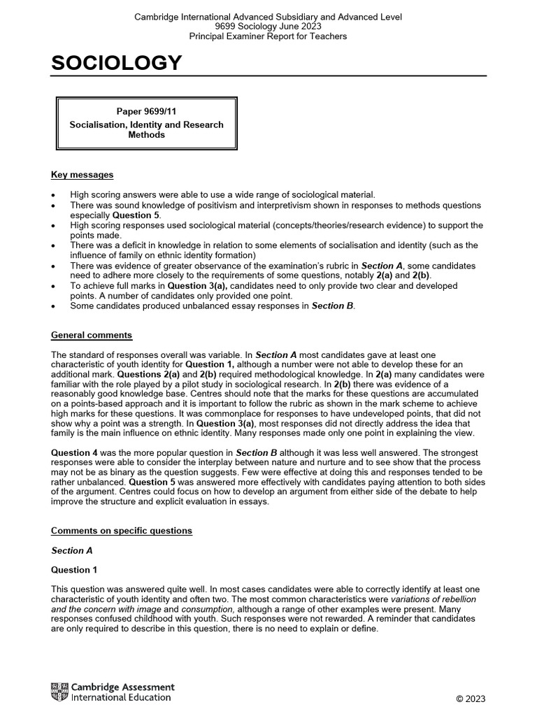 Sociology: Paper 9699/11 Socialisation, Identity and Research Methods ...