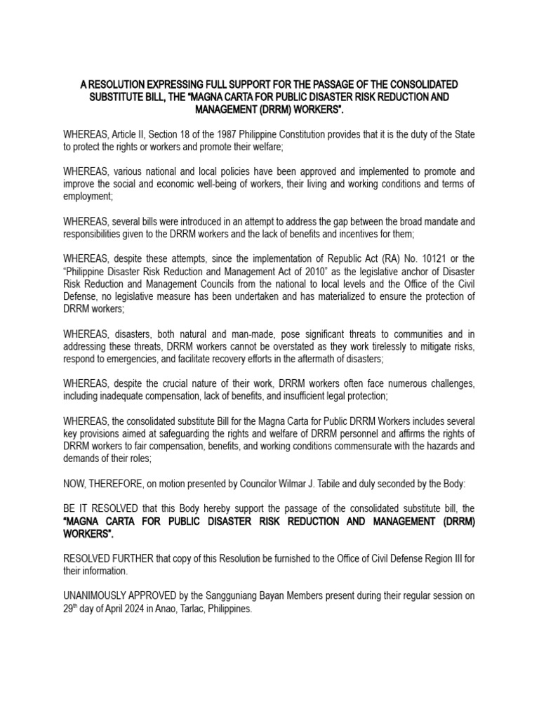 Resolution - Expressing Full Support To DRRM Magna Carta | PDF | Disaster Risk Reduction ...