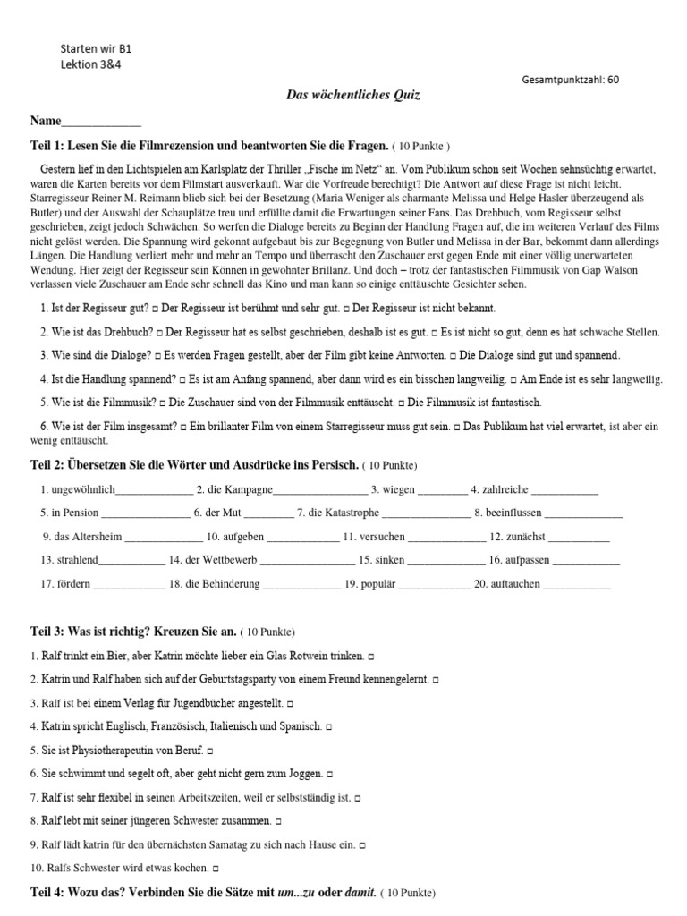 Das Wöchentliches Quiz: Starten Wir B1 Lektion 3&4 | PDF
