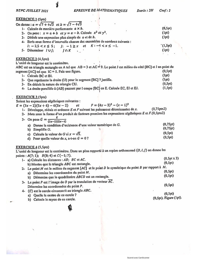 Bepc 2021 Maths | PDF