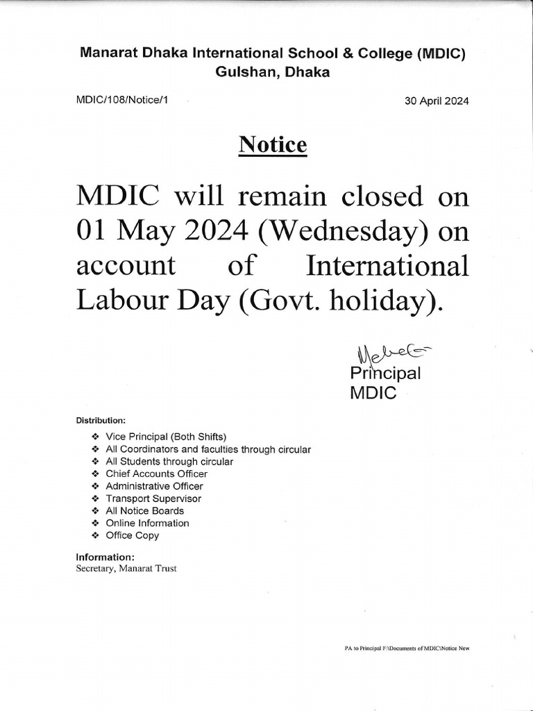 Notice of International Labour Day (Govt. Holiday) | PDF