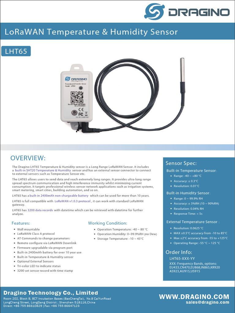 Datasheet LHT65 LoRaWAN Temperature Humidity Sensor | Download Free PDF | Wireless | Computing