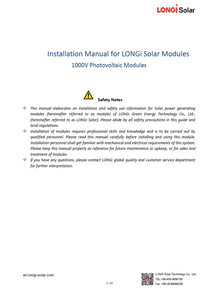 LONGi Solar Module Installation Manual | PDF | Solar Panel | Photovoltaics
