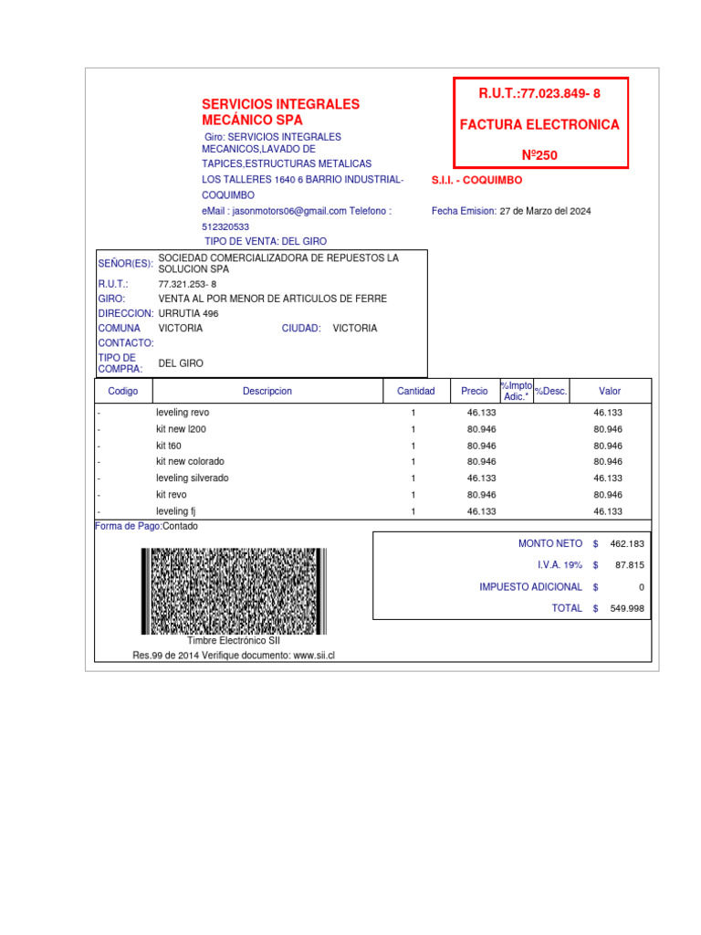 Servicios Integrales Mecánico Spa R.U.T.:77.023.849-8 Factura Electronica Nº250 | PDF ...
