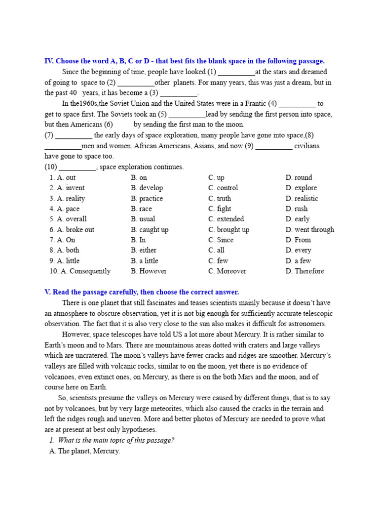 Unit 10 - Test - Space Travel (P) | PDF | Mercury (Planet) | Mars