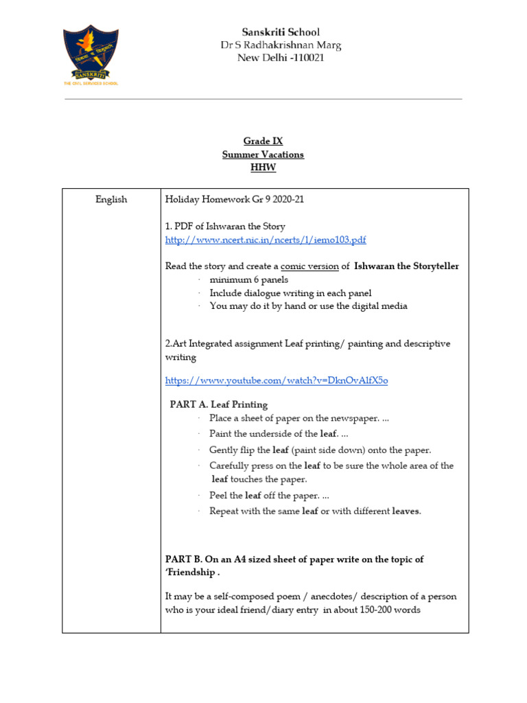 Grade 9 Summer Holiday Homework 2020-21 | PDF | Natural Environment