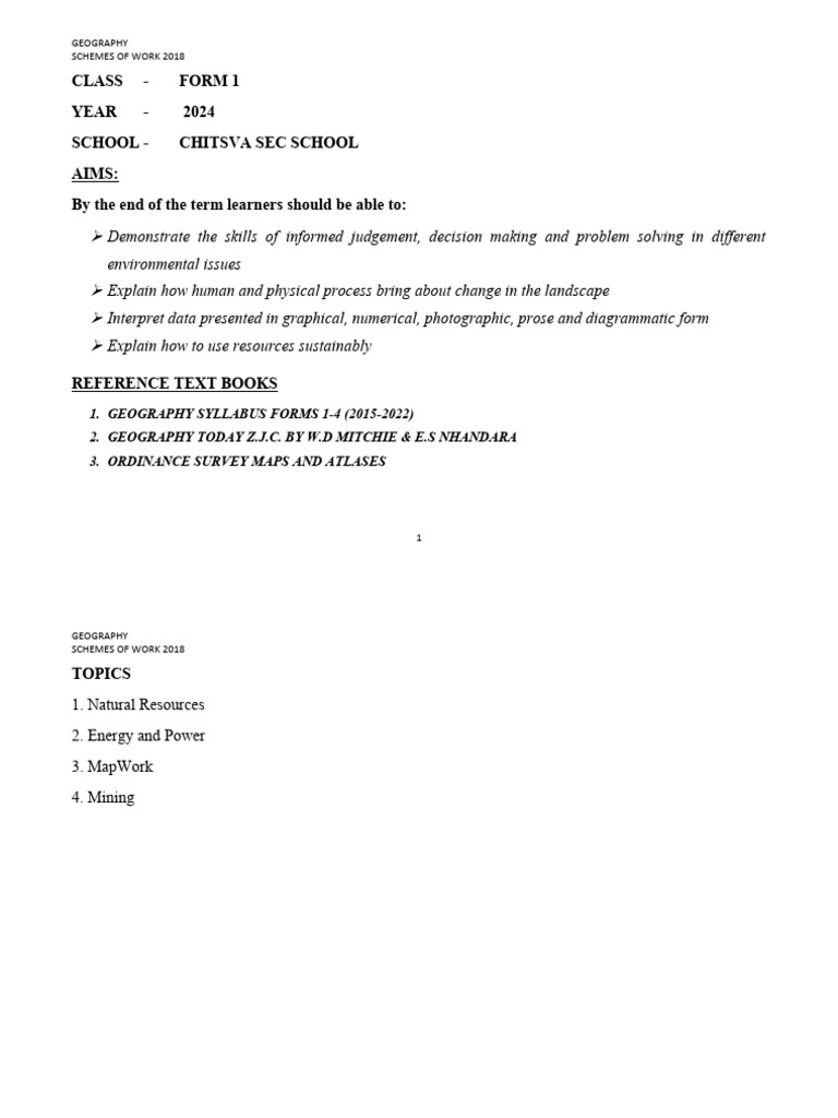 GEO. FORM 1 SCHEME - Term 2-2017 | PDF | Map | Hydroelectricity
