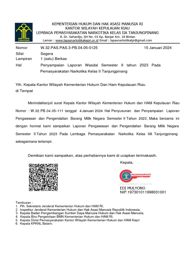 Penyampaian Laporan Wasdal Semester II Tahun 2023 Pada Pemasyarakatan Narkotika Kelas II ...