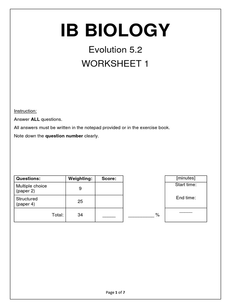 Ib Biology: Evolution 5.2 Worksheet 1 | PDF | Natural Selection | Evolution