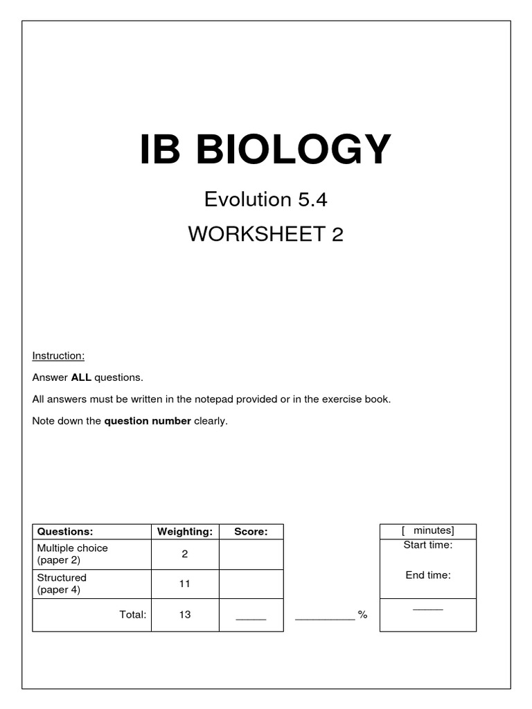 Ib Biology: Evolution 5.4 Worksheet 2 | PDF