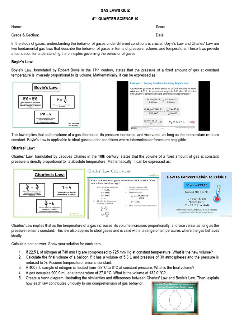 Gas Laws Quiz for Science 10 Students | PDF