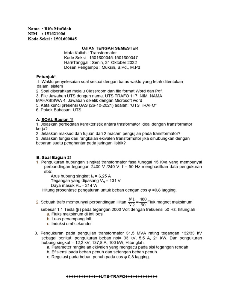 Soal dan Jawaban UTS Transformator | PDF | Metode & Bahan Ajar | Sains & Matematika