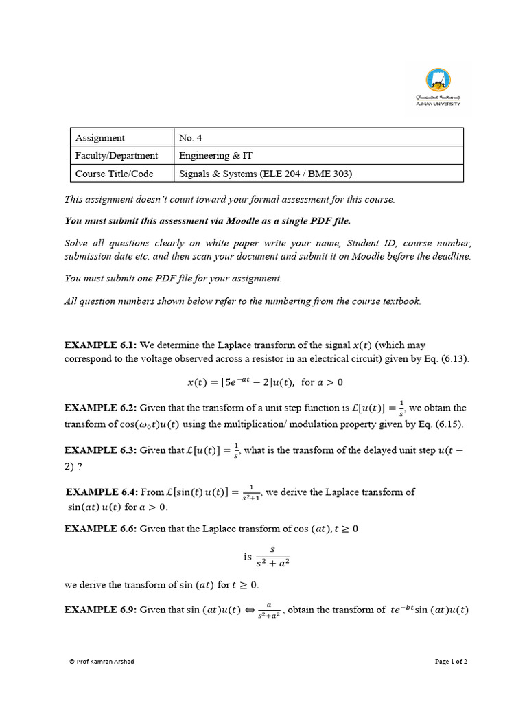 A4 - Signals and Systems | PDF | Laplace Transform | Applied Mathematics