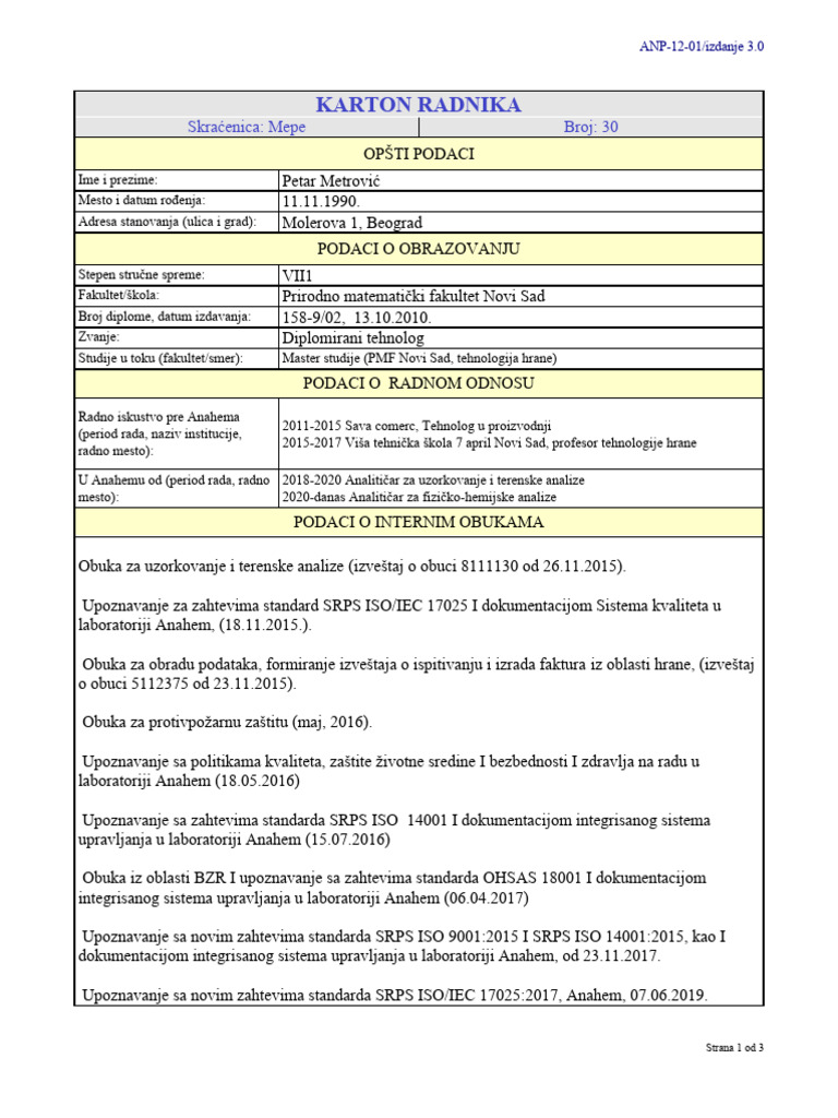 ANP-12-01 Karton Radnika Obrazac 3.0 Buti Primer | PDF