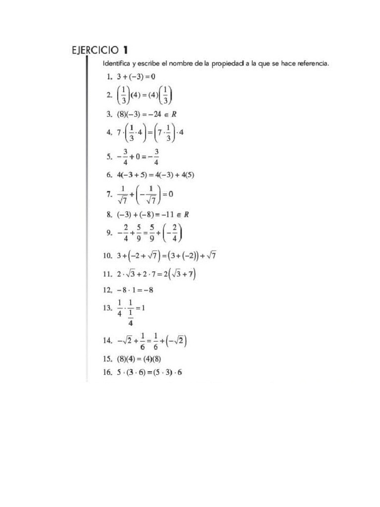 Ejercicios de Propiedades de Números Reales | PDF