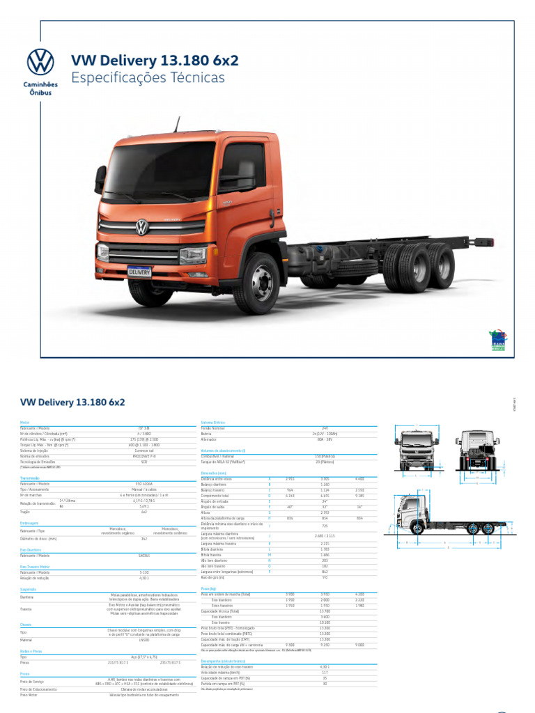 Ficha Técnica VW Delivery 13.180 6x2 | PDF | Eixo | Freio