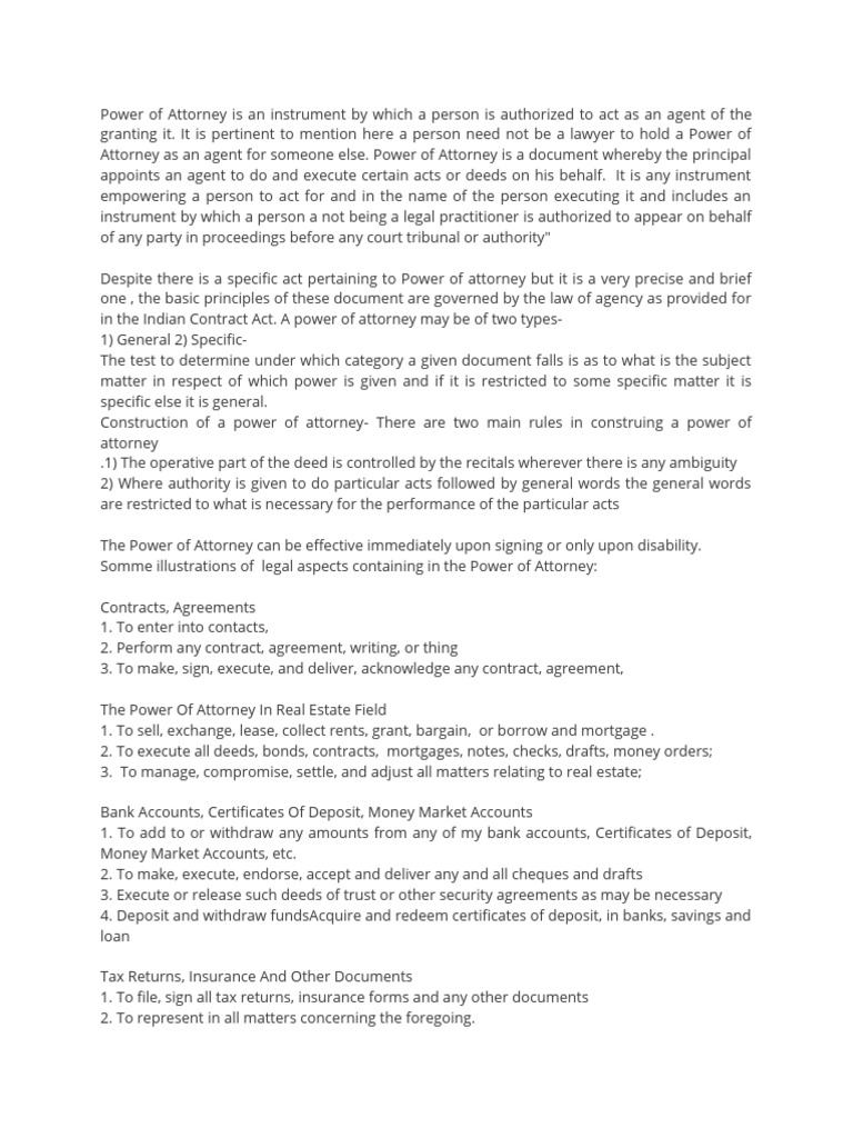 Power Of Attorney Pdf Power Of Attorney Law Of Agency