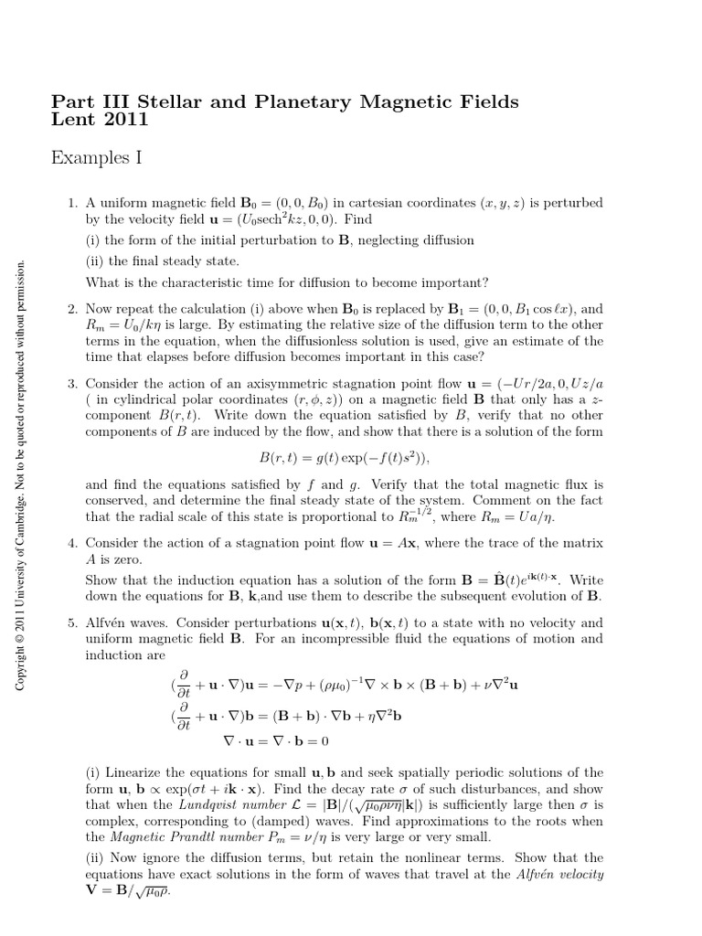 Part III Stellar and Planetary Magnetic Fields Lent 2011 Examples I | PDF | Magnetic Field ...