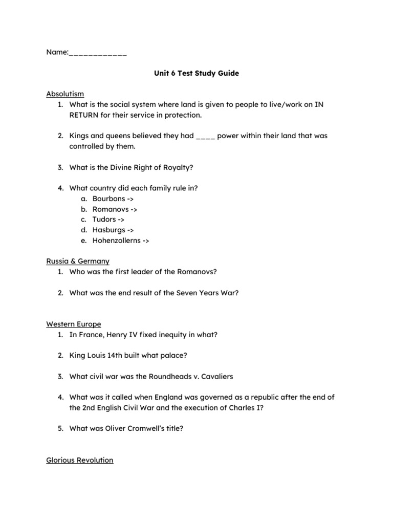 Unit 6 Test Study Guide | PDF