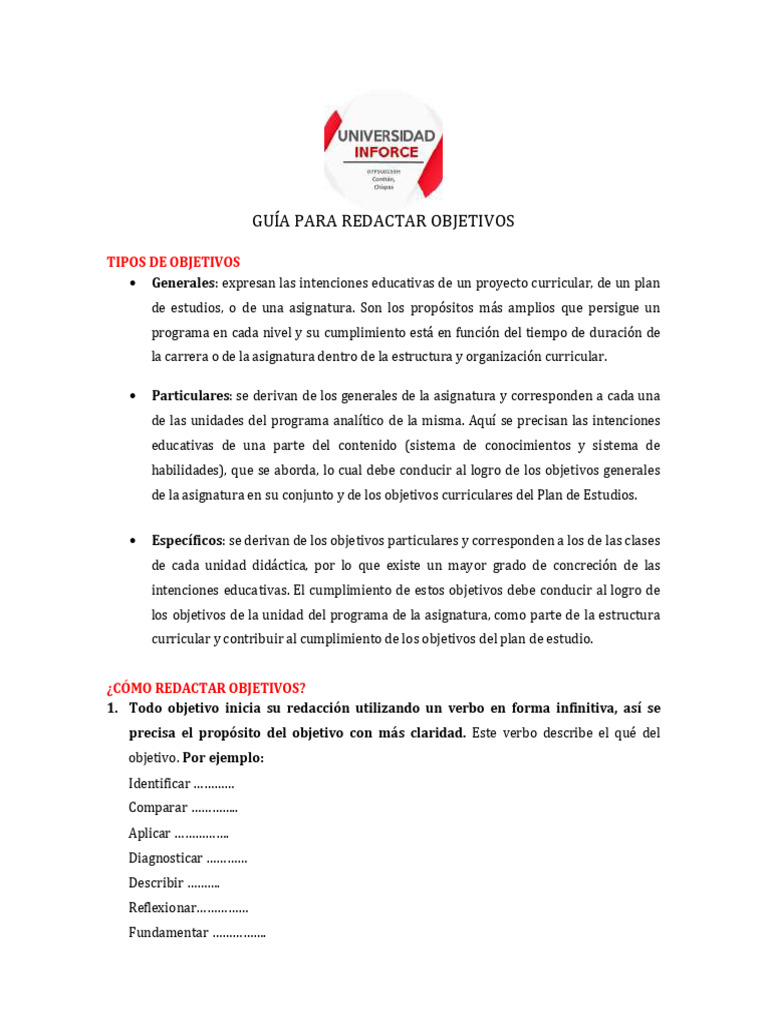 Guia para Redactar Objetivos | PDF | Plan de estudios