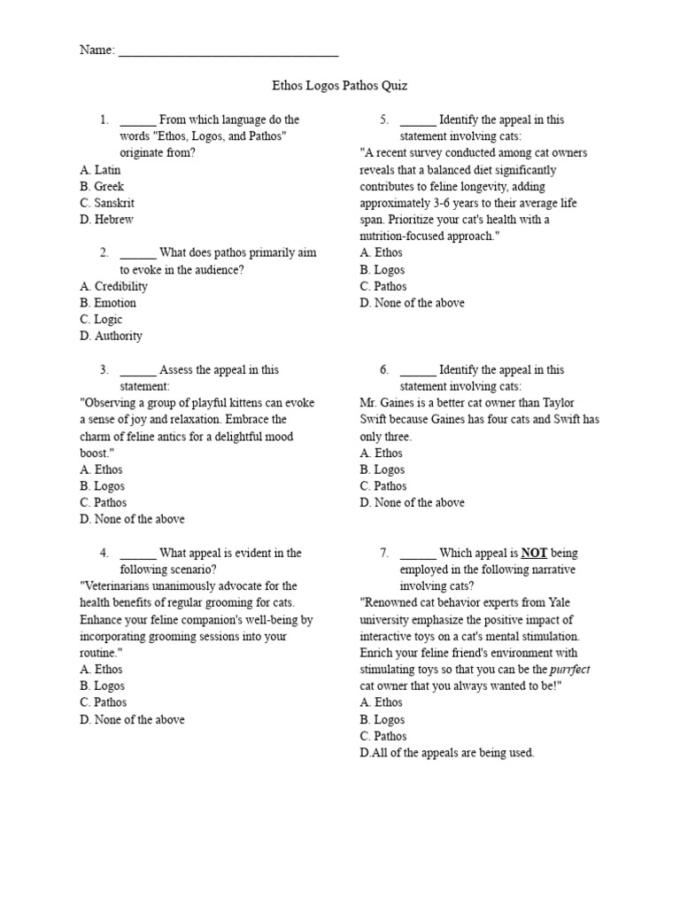 Ethos Logos Pathos Quiz 2 | PDF | Logos | Cats