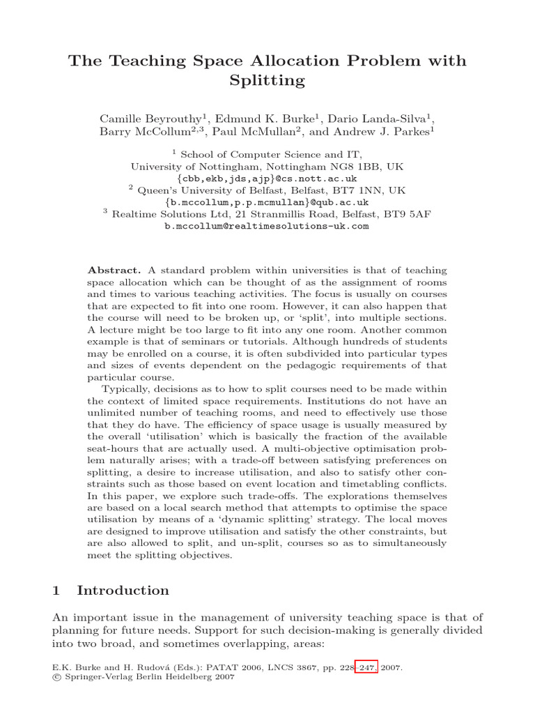 The Teaching Space Allocation Problem With Splitting Pdf