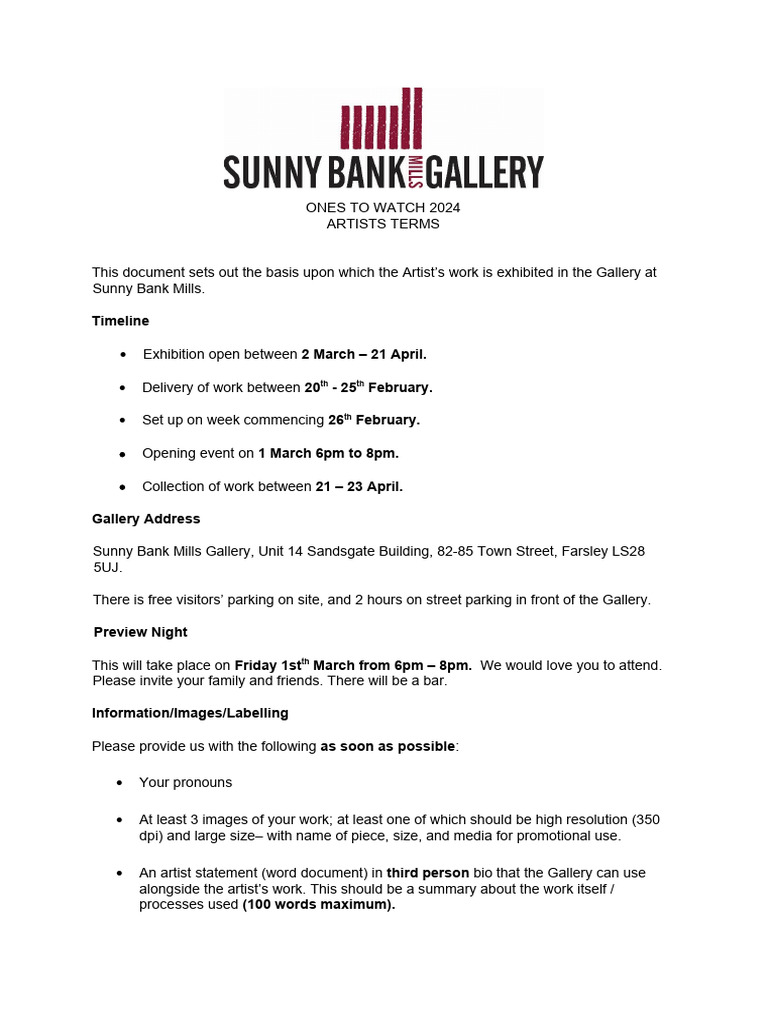 ONES TO WATCH 2024 Artists Terms | PDF | Insurance | Legal Liability