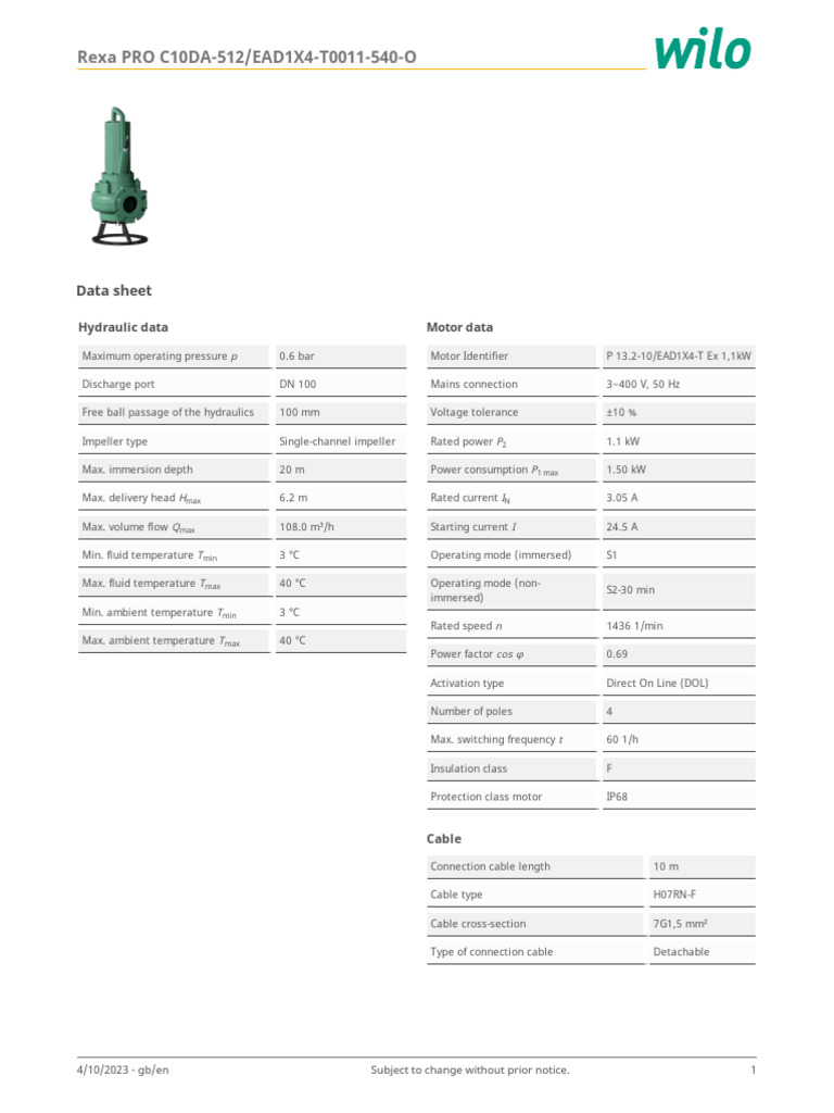 Wilo Datasheet - GB - en - 6076767 - Rexa Pro C10da 512 Ead1x4 t0011 ...