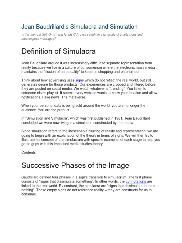 Simulacra and Simulation Better Understanding | PDF