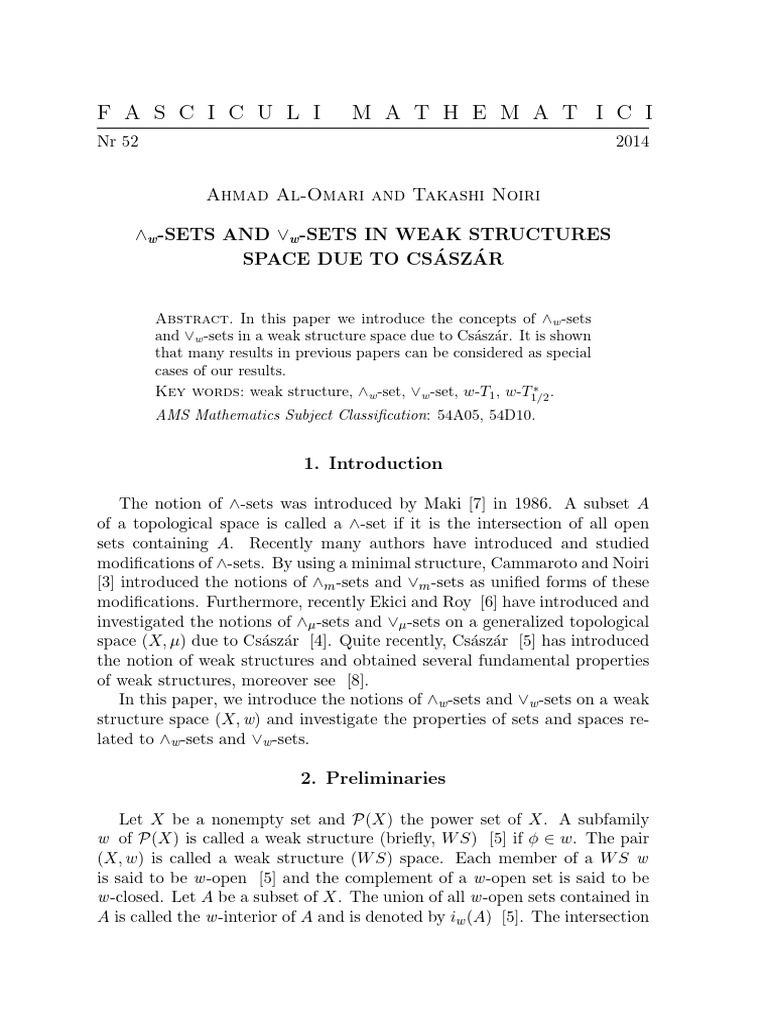 ∧w-sets and ∨w-sets in Weak Structures | PDF | Theorem | Empty Set