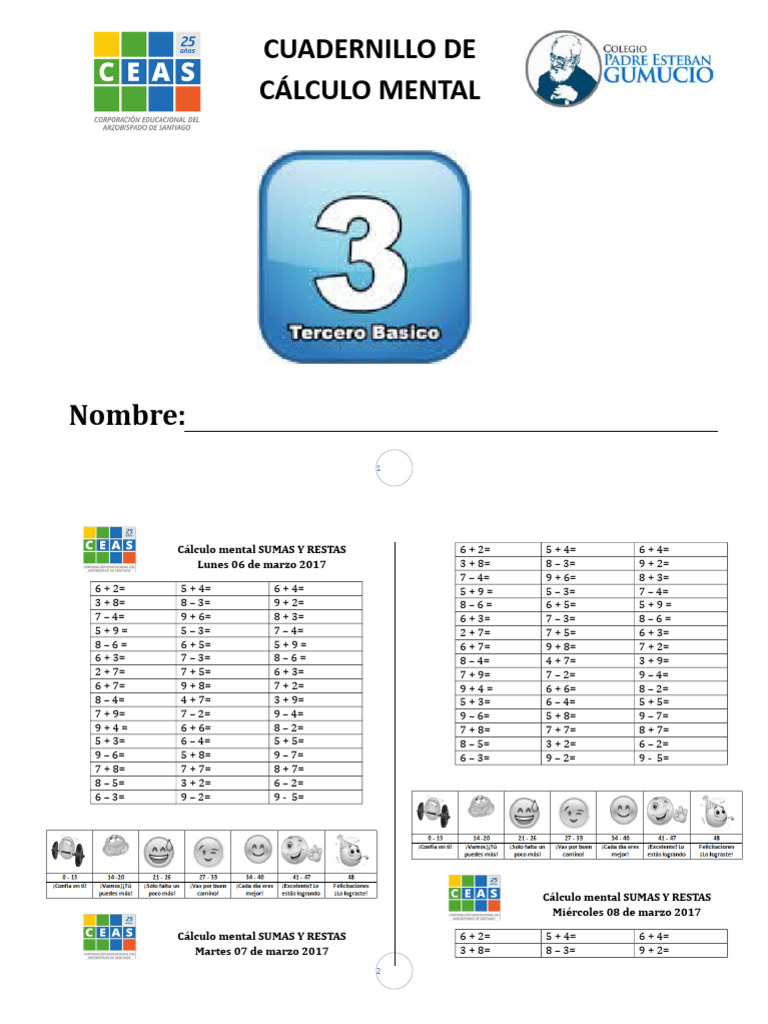 Cuadernillo Calculo Mental 3 Basico 2017 | PDF | Matemáticas | Aritmética