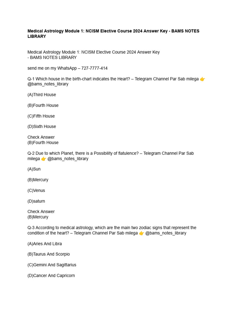 Medical Astrology Module 1 - NCISM Elective Course 2024 Answer Keyn ...