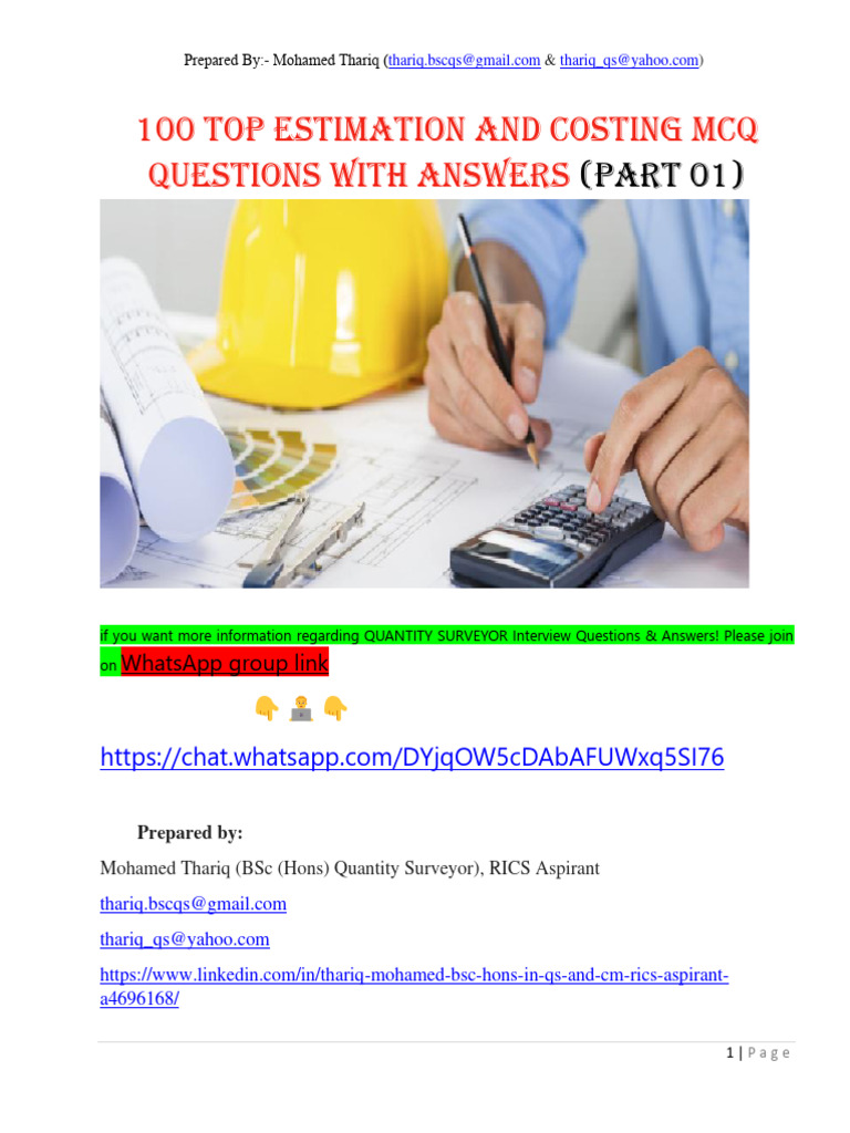 100 TOP Estimation and Costing MCQ Questions With Answers (Part 01 ...