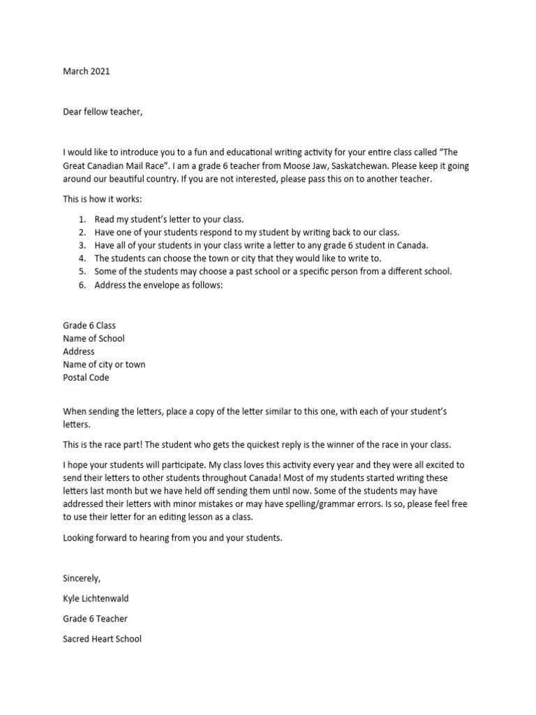 Great Canadian Mail Race Teacher Letter | PDF