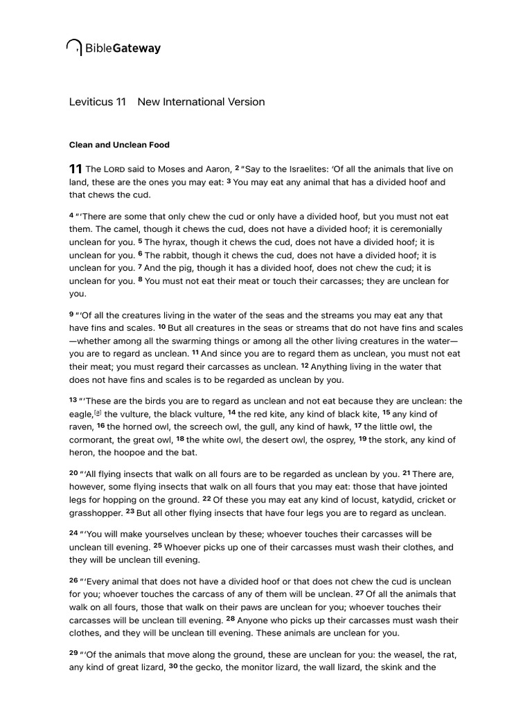 Leviticus 11 NIV - Clean and Unclean Food - The LORD Said - Bible ...